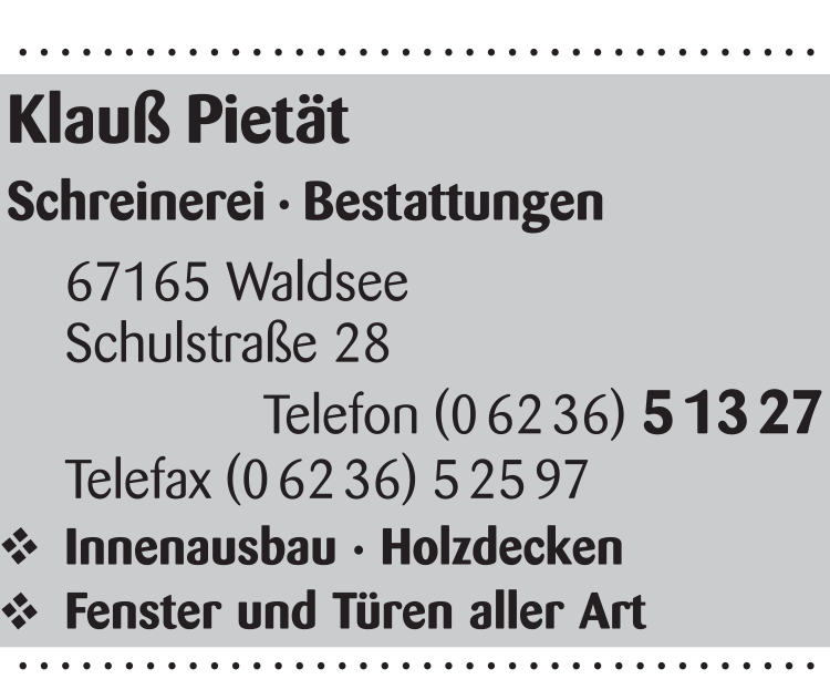 Klauß Pietät Schreinerei und Fenster | Tischlereien in Waldsee